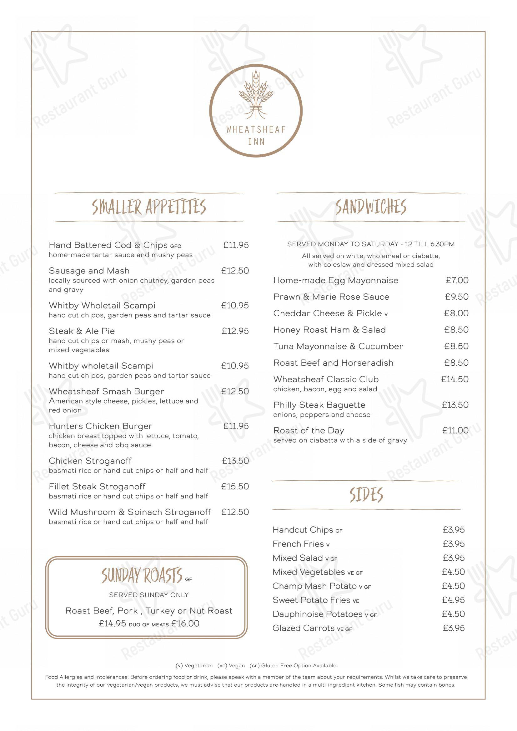 Menu at Wheatsheaf Inn pub & bar, Lymm