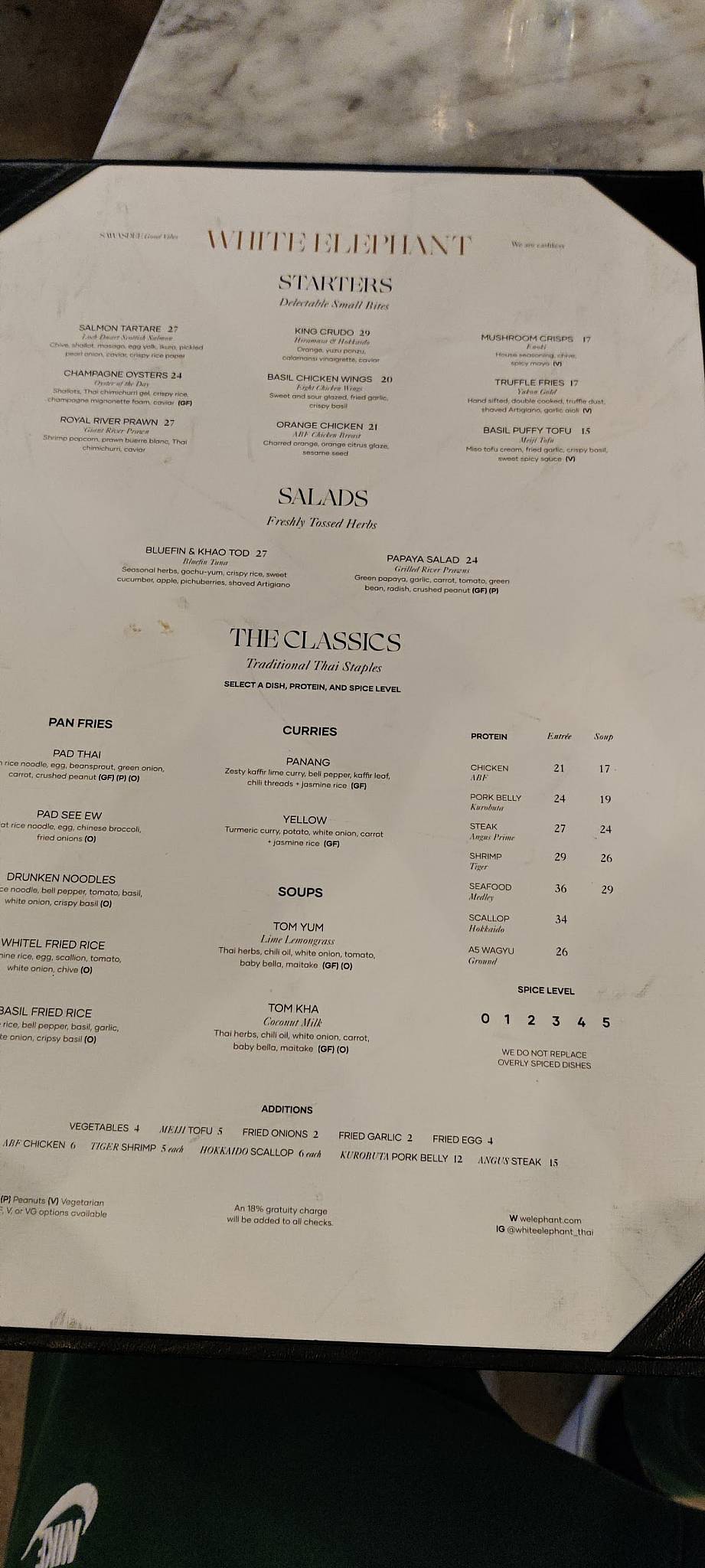 Menu at White Elephant restaurant, Los Angeles