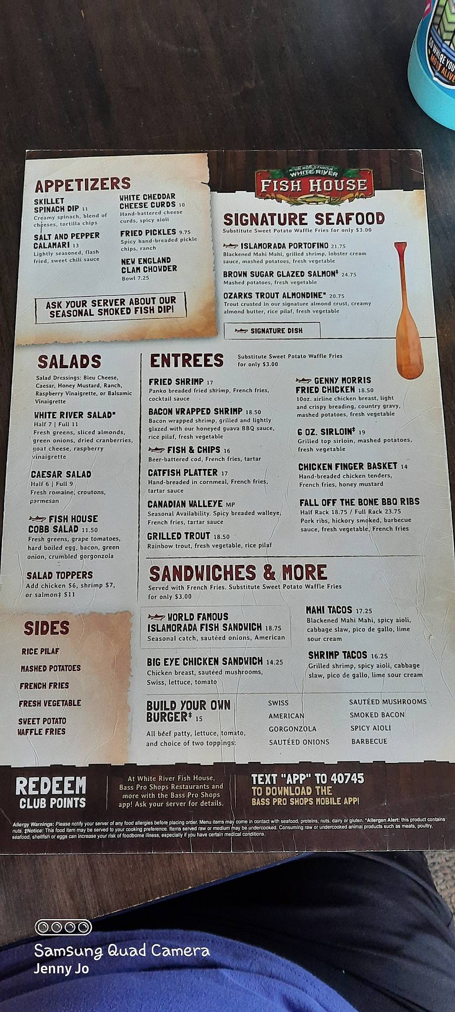 Menu at White River Fish House restaurant, Branson
