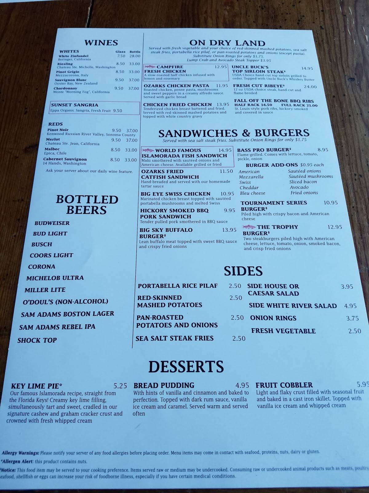 Menu at White River Fish House restaurant, Branson