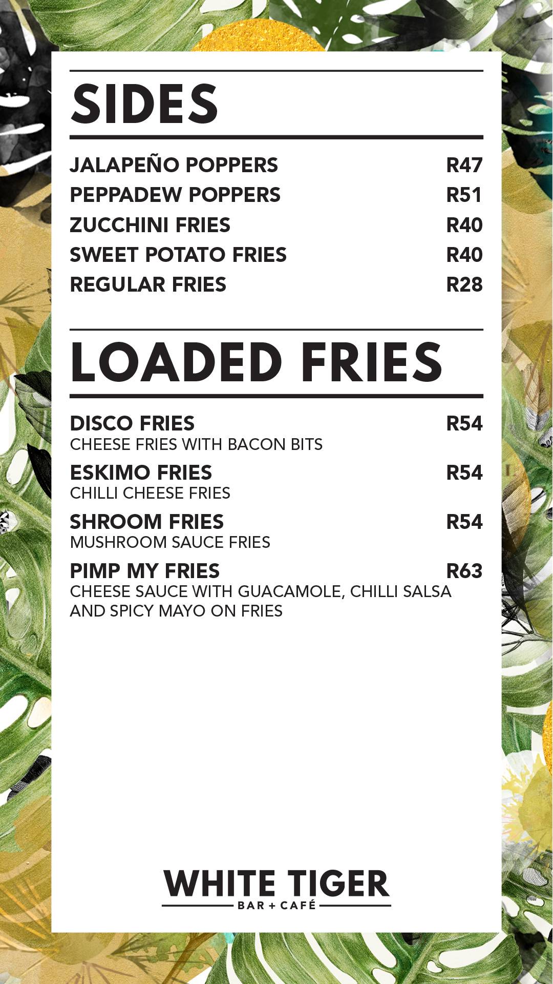 Menu at White Tiger Bar+Cafe, Port Elizabeth
