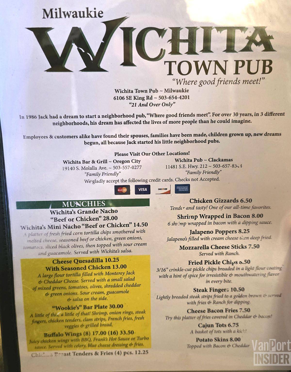 Menu at Wichita Town Pub, Milwaukie