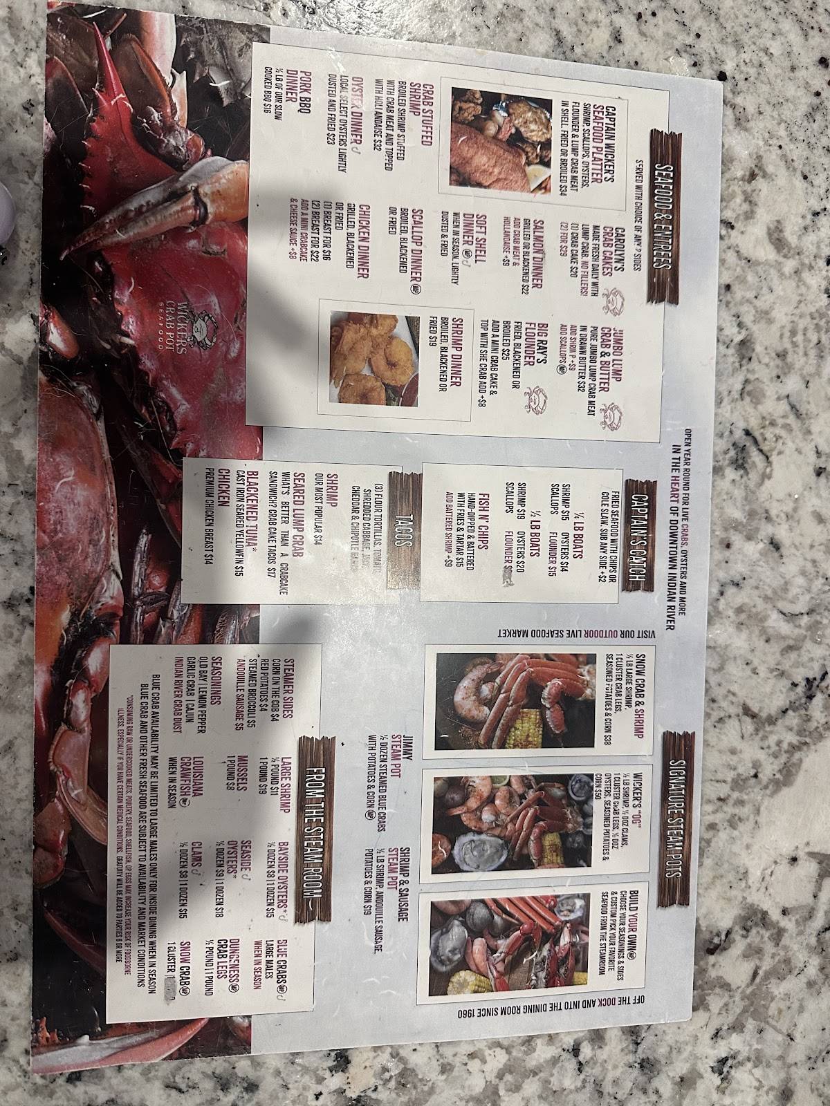 Menu at Wicker's Crab Pot Seafood restaurant, Chesapeake