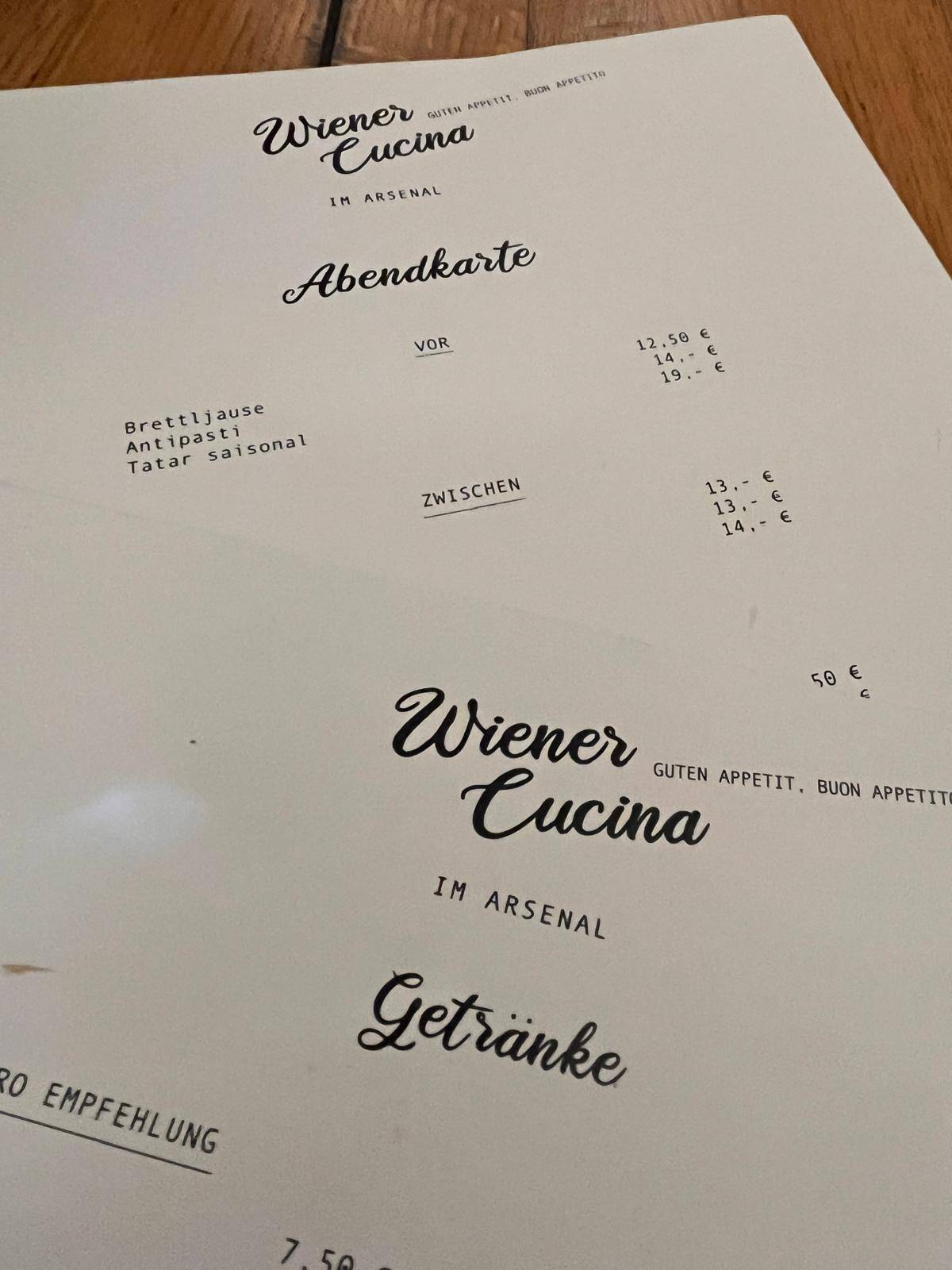 Speisekarte von Wiener Cucina restaurant, Wien