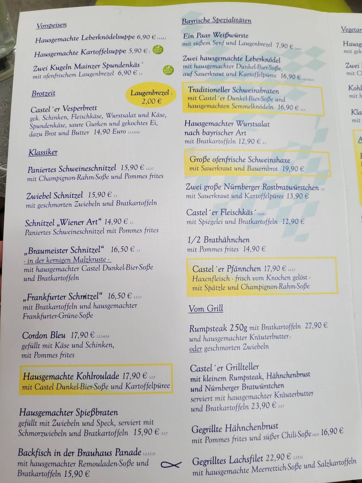 Menu at Brauhaus Castel restaurant, Wiesbaden
