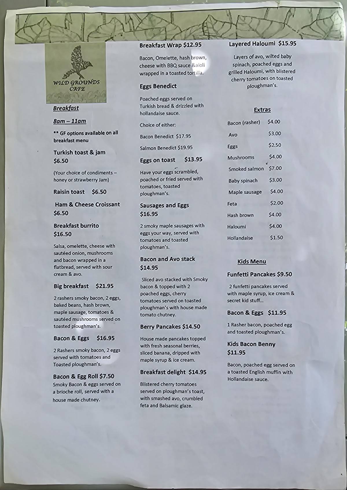 Menu at Wild Grounds Cafe, Australia