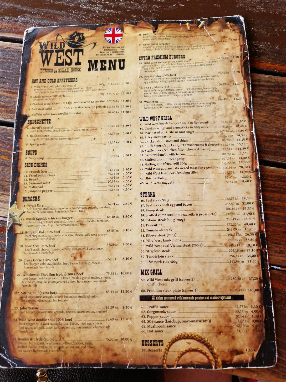 Menu at Wild West Trogir restaurant, Trogir
