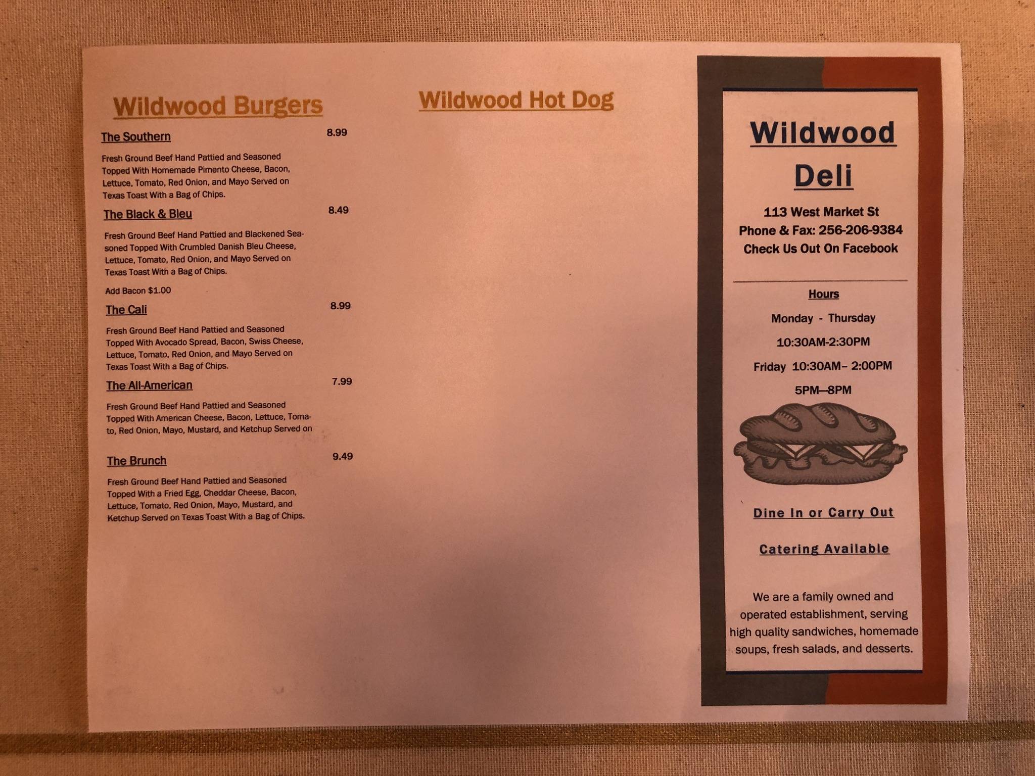 Menu at Wildwood Deli cafe, Athens