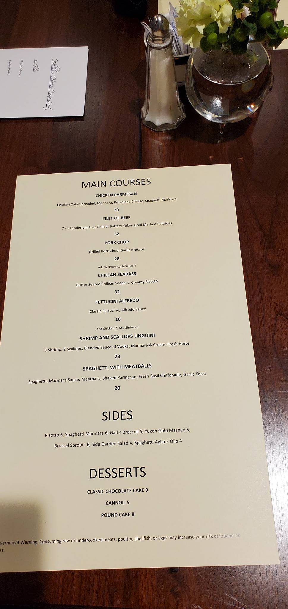 Menu at Willows restaurant, Industry