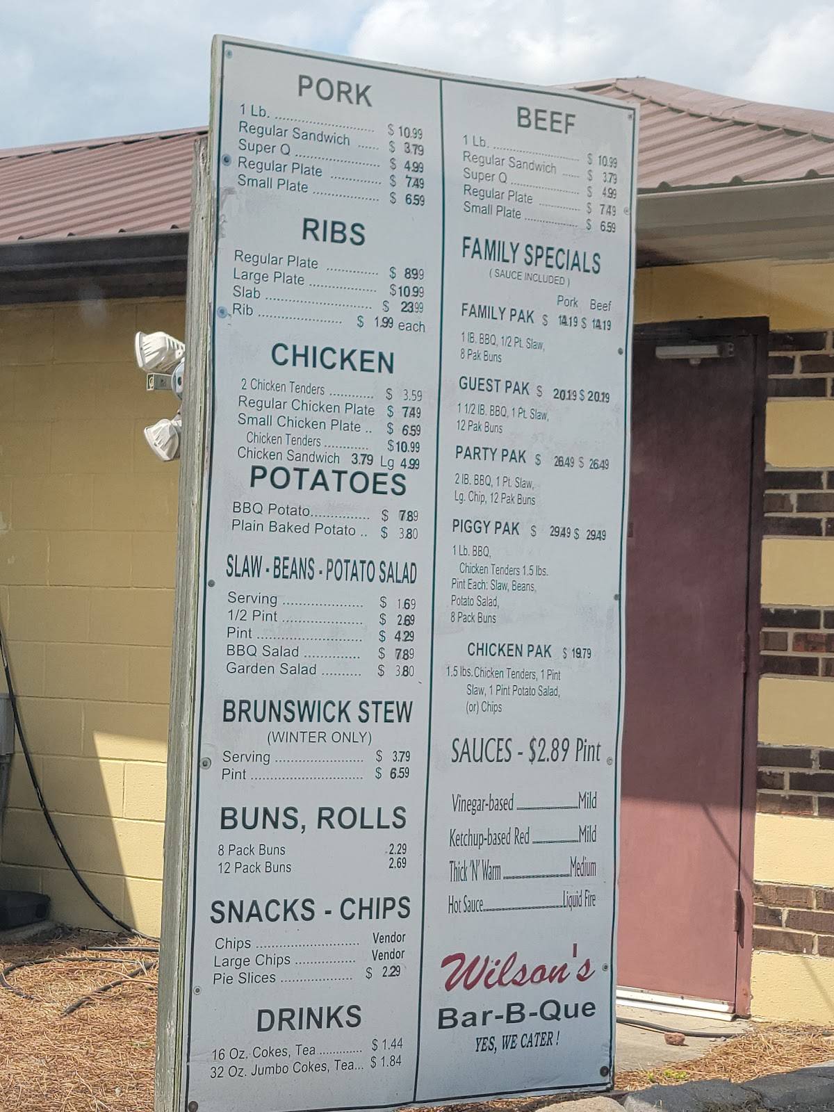 Menu at Wilson's Barbeque, Albertville