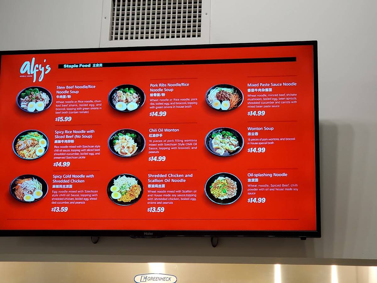 Menu at Alfy's Noodle House restaurant, Winnipeg, 840 Waverley St #3B