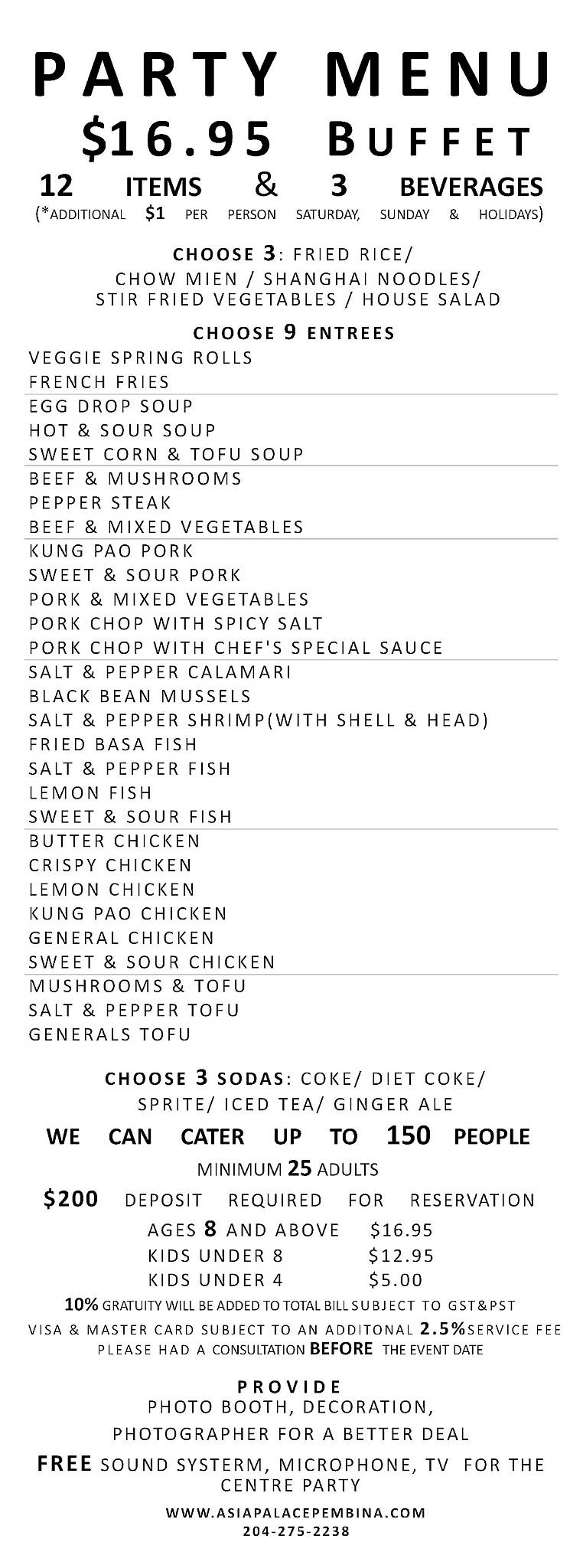 Menu at Asia Palace restaurant, Winnipeg, Pembina Hwy