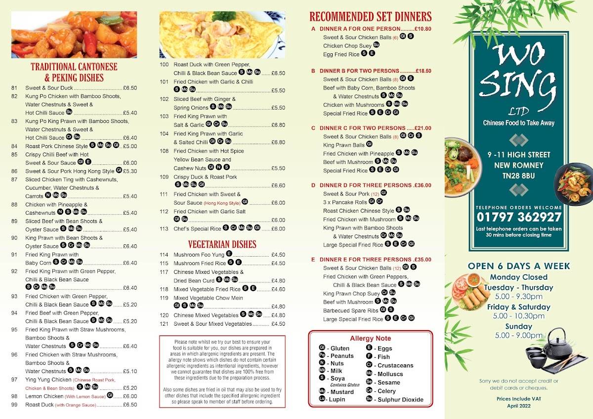 Menu at Wo Sing Chinese Take Away fast food, New Romney