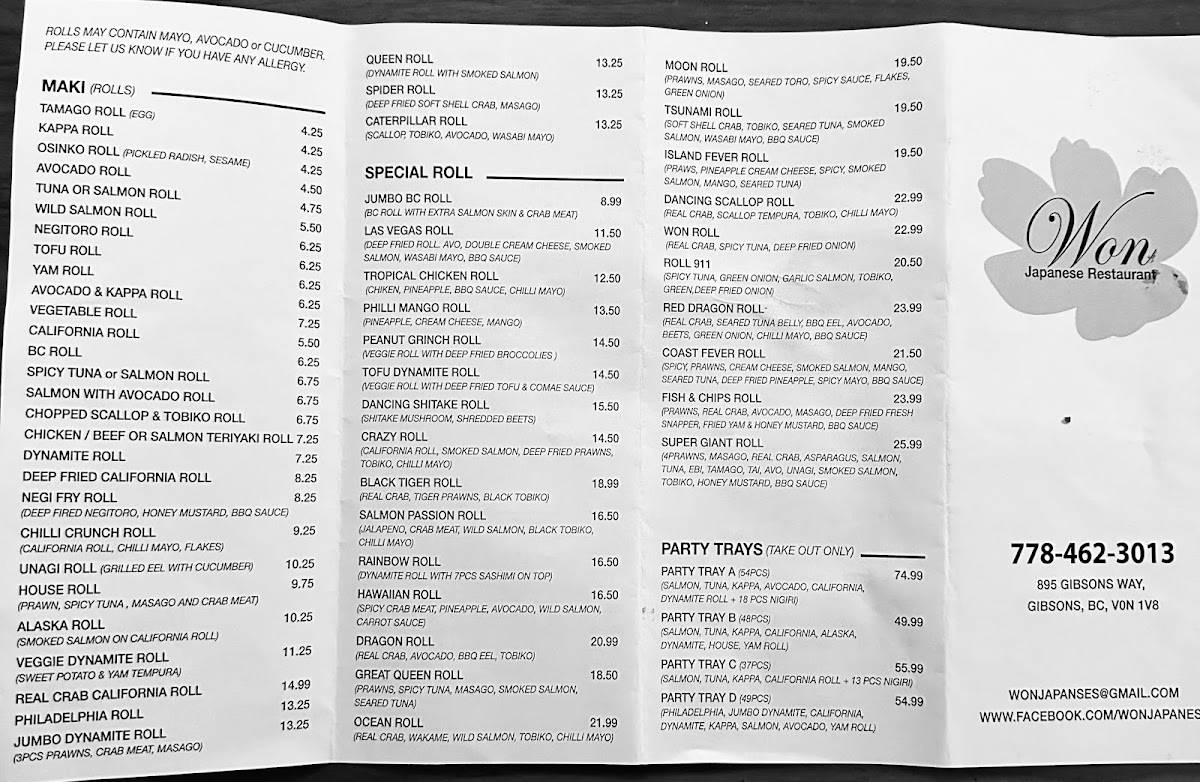 Menu at Won Japanese Restaurant, Gibsons