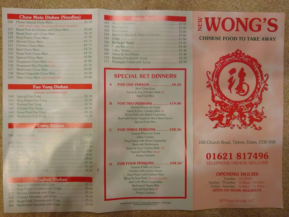 Menu at Wong's fast food, Tiptree, 102 Church Rd