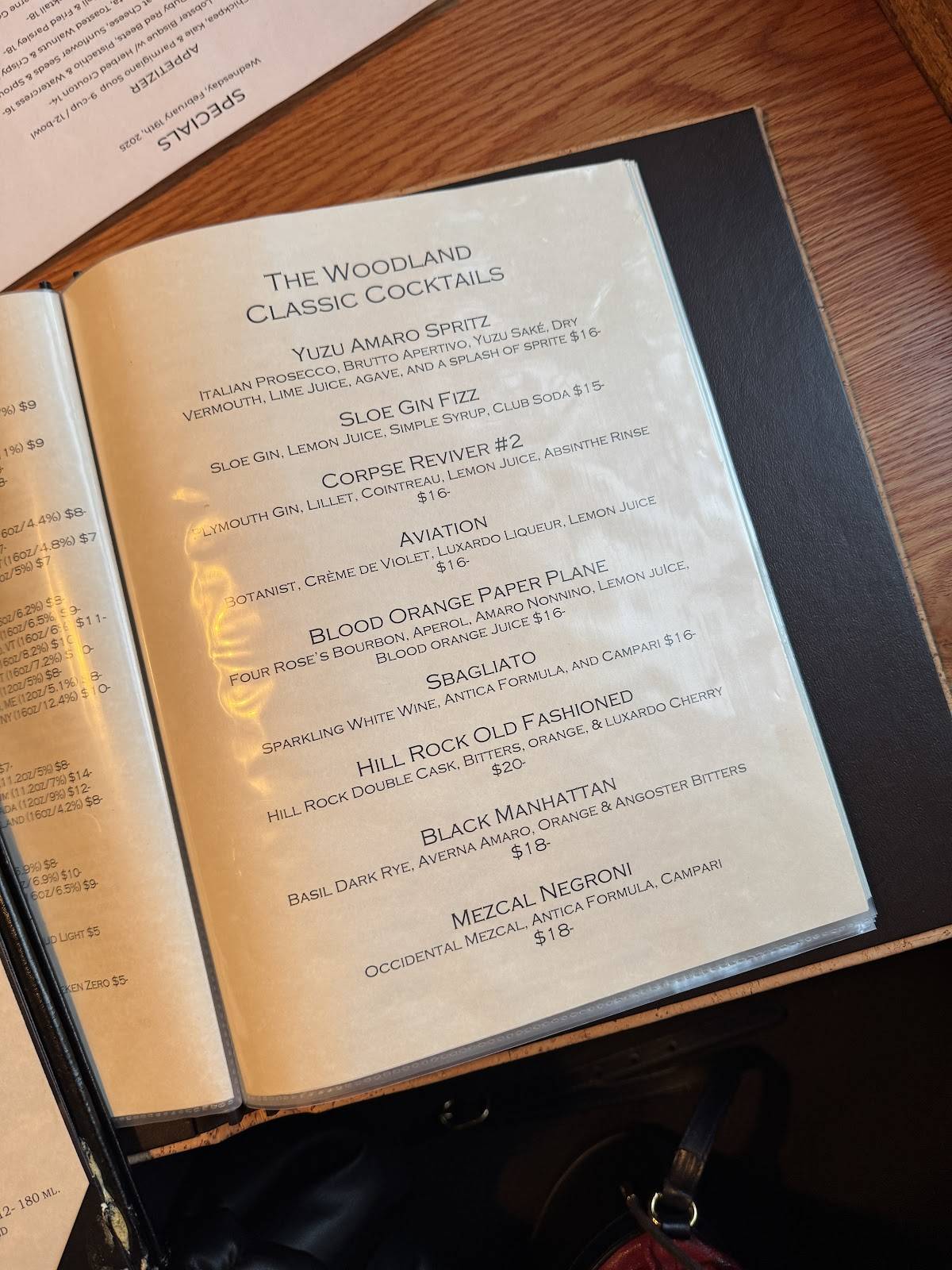 Menu at Woodland restaurant, Salisbury