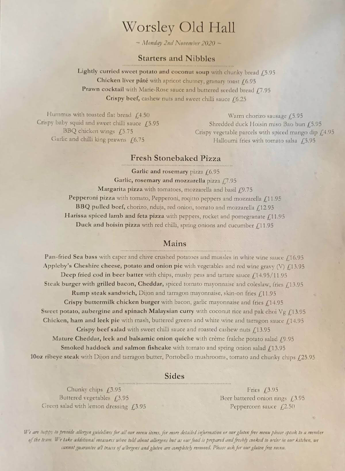 Menu at Worsley Old Hall pub & bar, Stretford