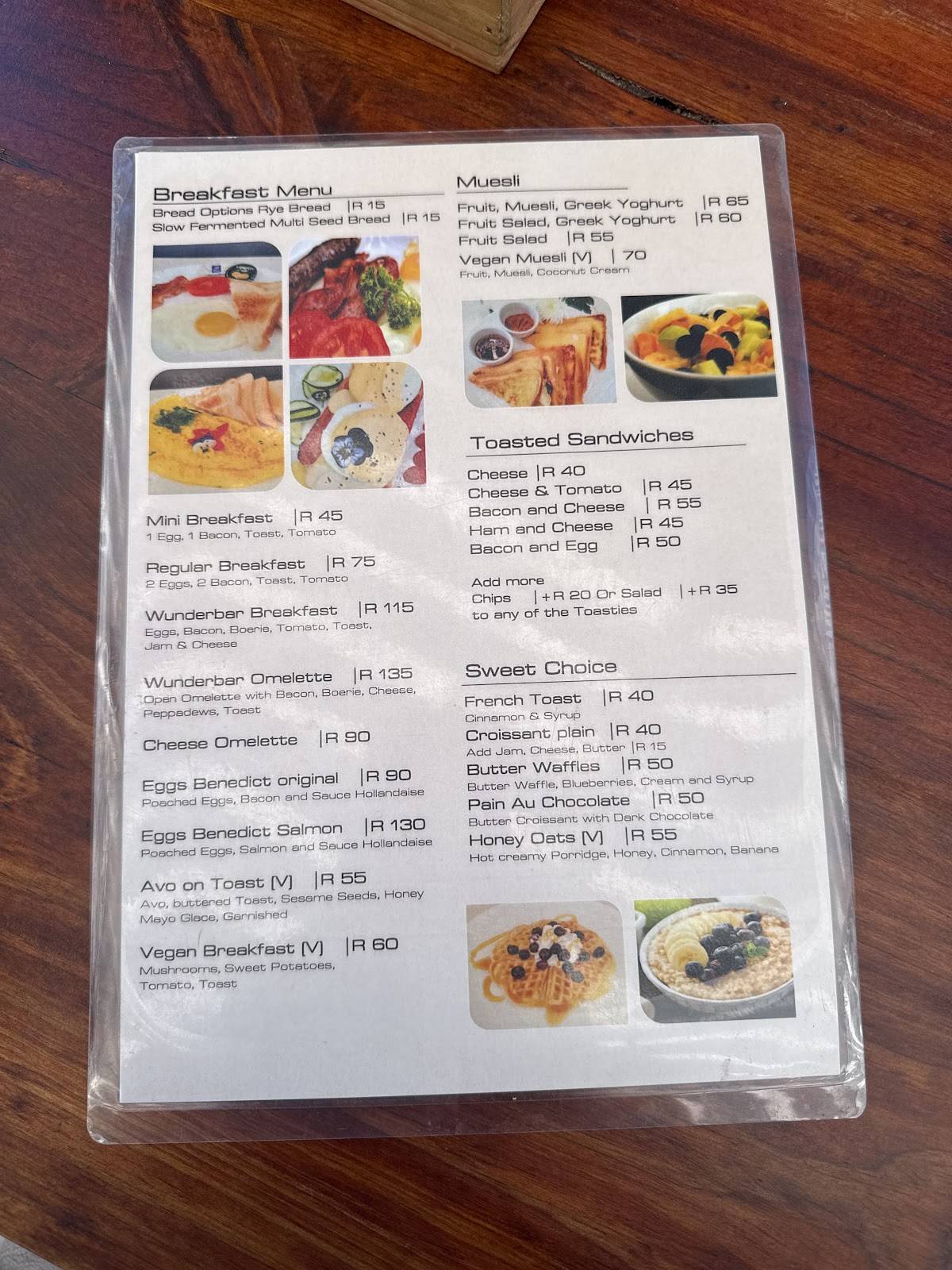 Menu at Wunderbar, Langebaan