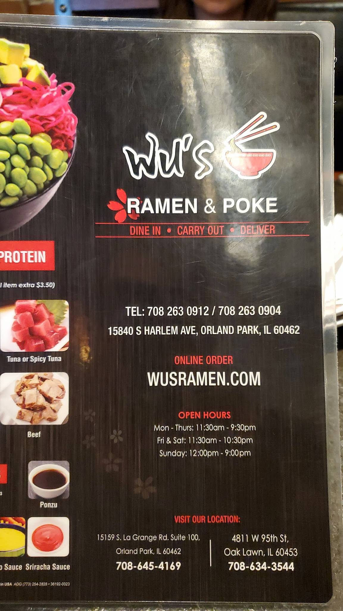 Menu at Wu's Ramen and Poke restaurant, Orland Park
