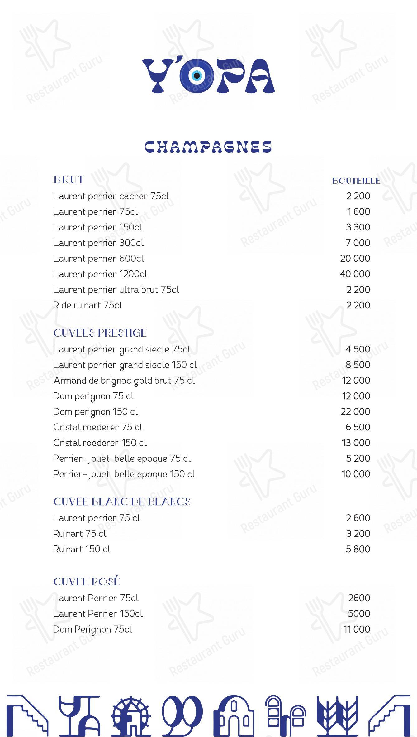 Menu at Y'OPA restaurant, Casablanca, Phare d