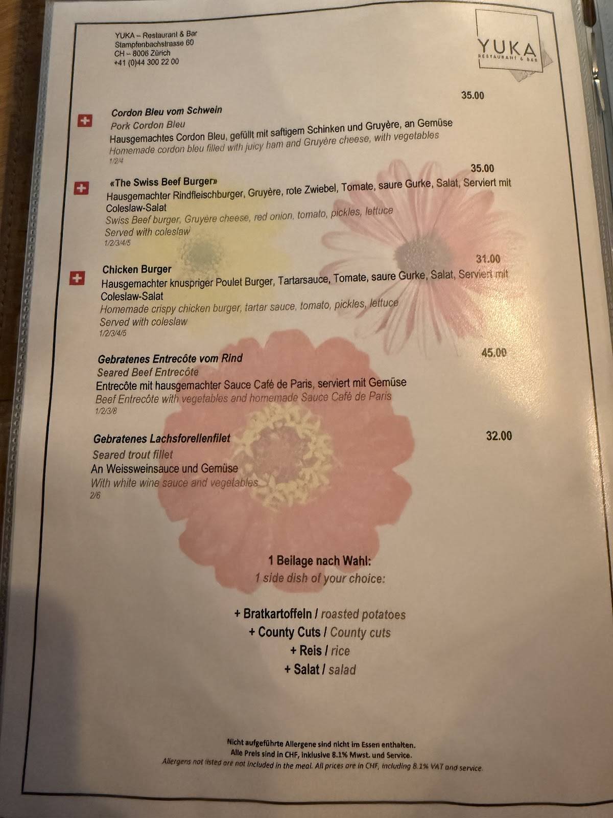 Menu at Yuka, Zürich, Stampfenbachstrasse 60