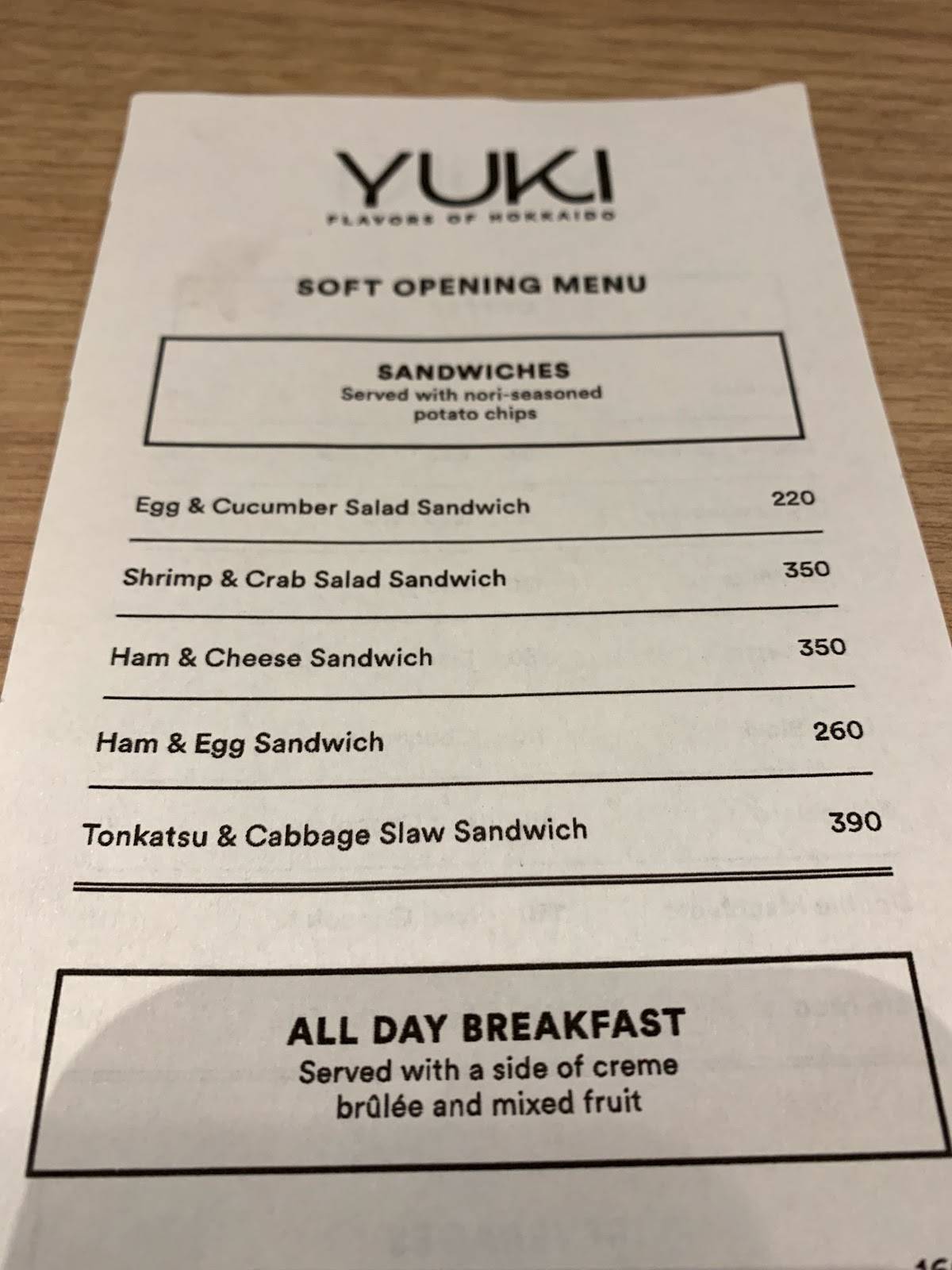 Carta del restaurante YUKI, Makati