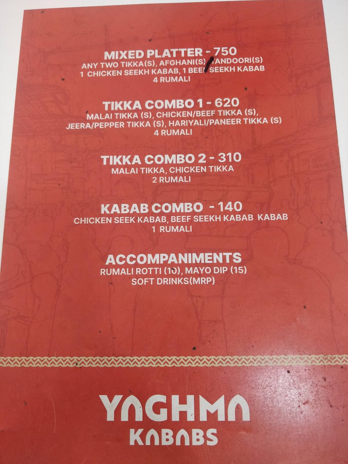 Menu at Yaghma Kababs, Manjeri