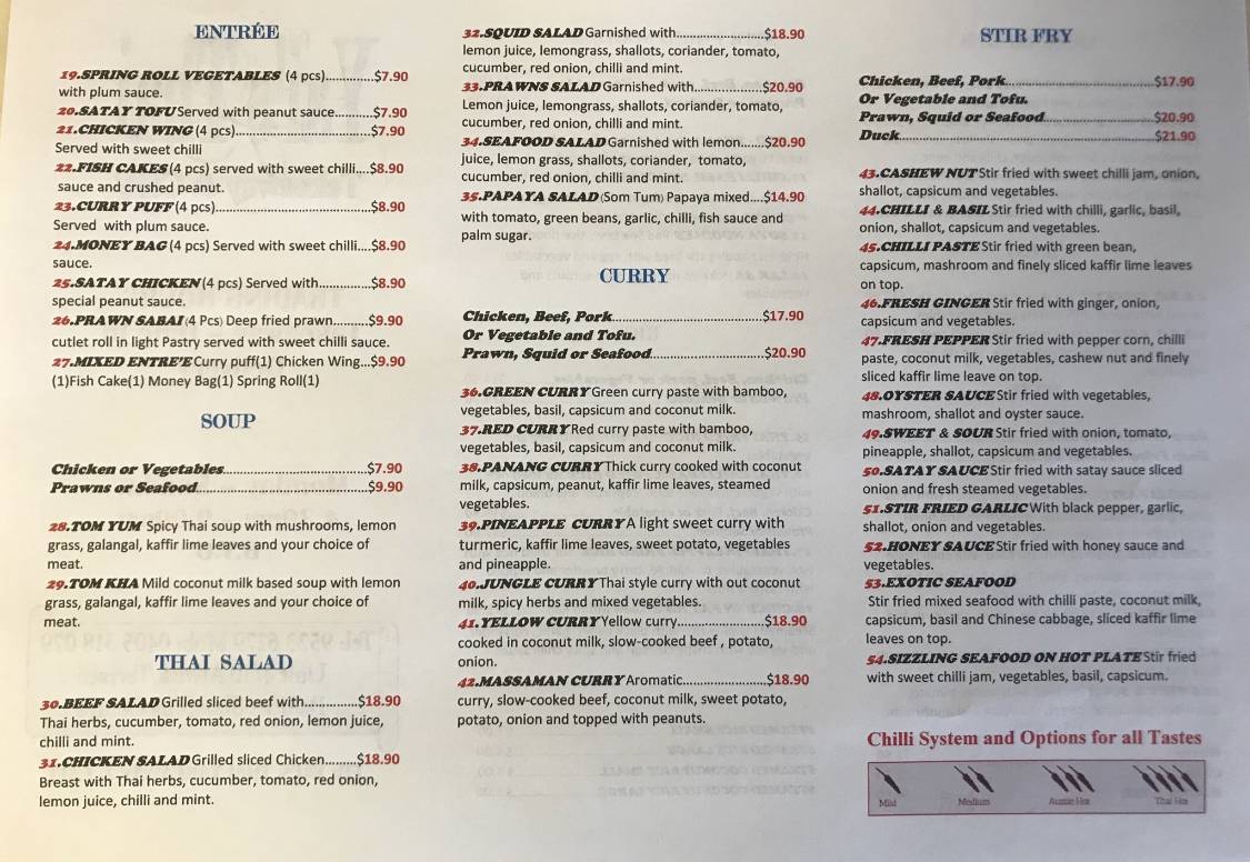 Menu at Yai’s Thai Takeaway & Cafe, Baldivis