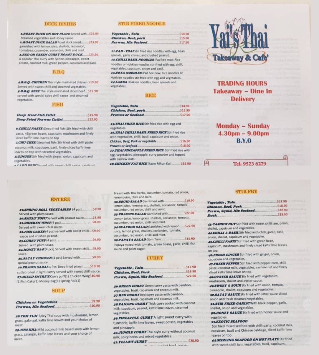 Menu at Yai’s Thai Takeaway & Cafe, Baldivis