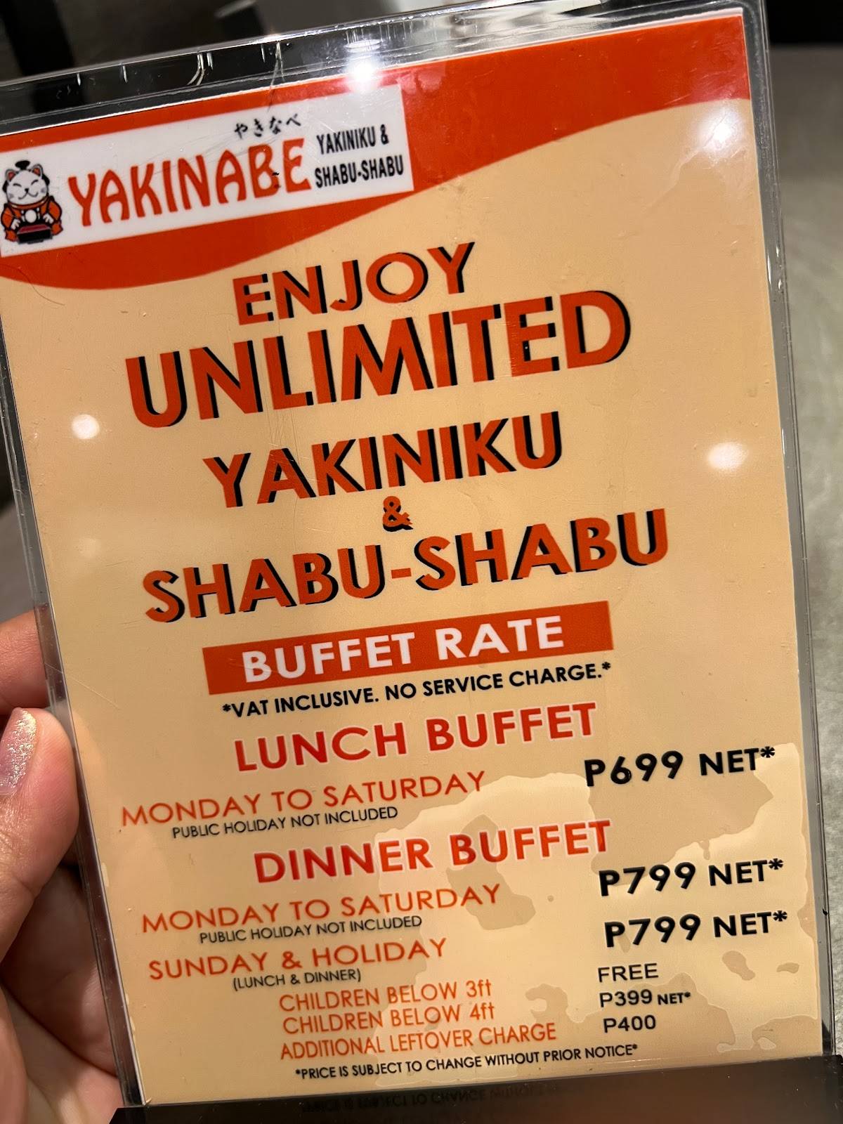Carta del restaurante Yakinabe, Cebú