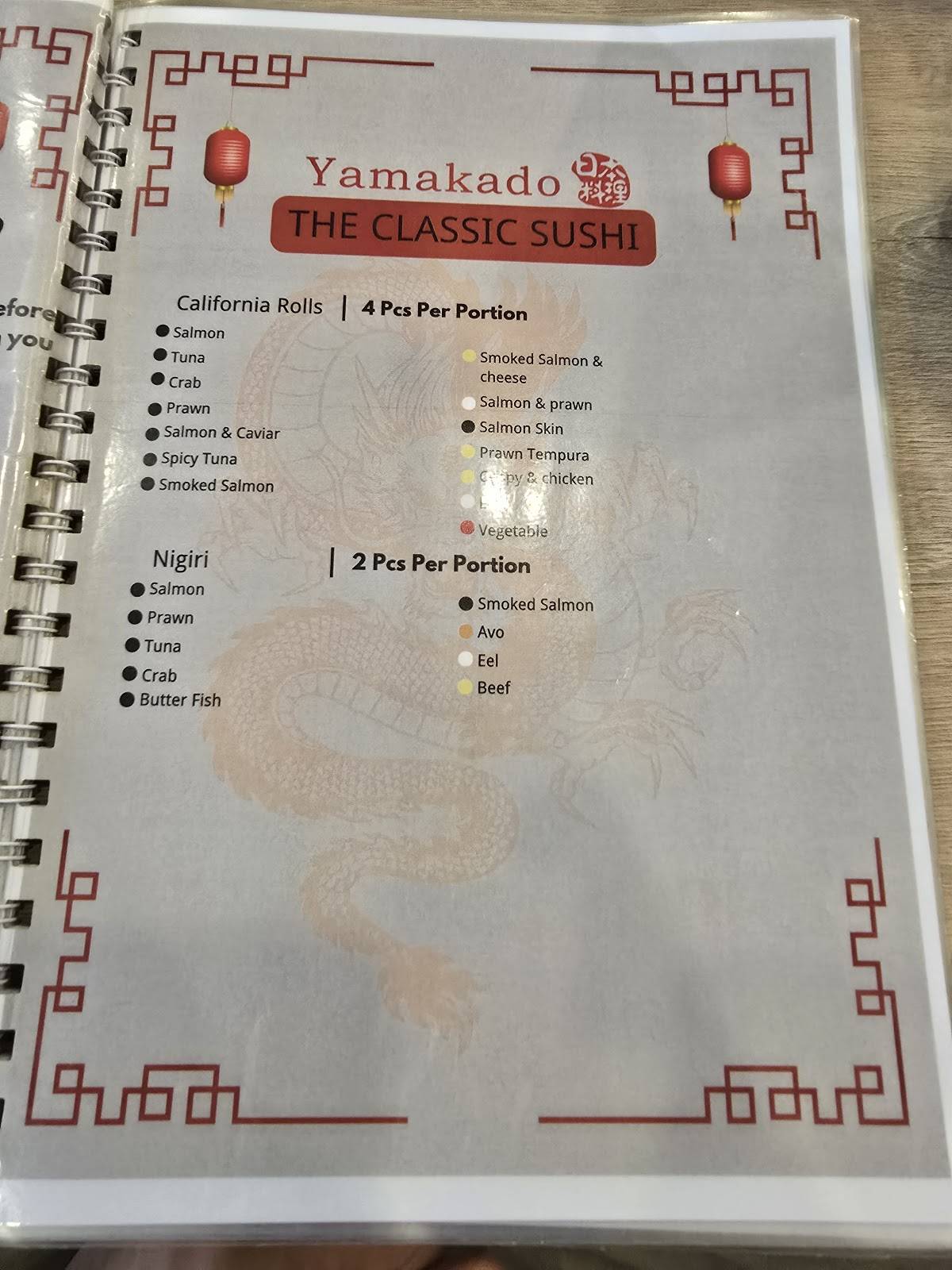 Menu at Yamakado Sushi Restaurant, Pretoria, The Grove Mall