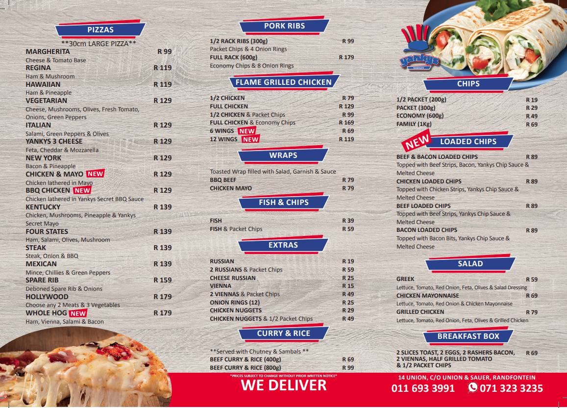 Menu at Yankys Burgers & Pizzas Randgate restaurant, Randfontein