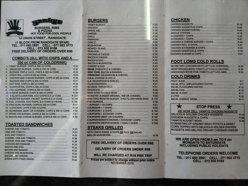 Menu at Yankys Burgers & Pizzas Randgate restaurant, Randfontein