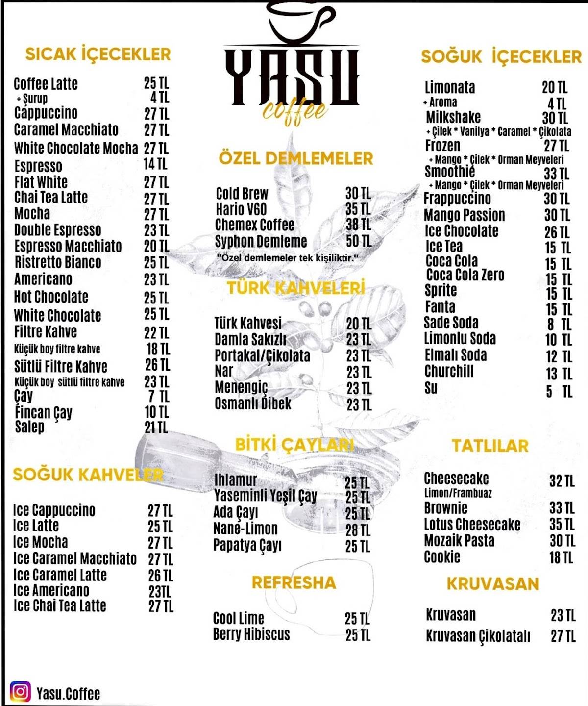 Menu at Yasu Coffee, Istanbul