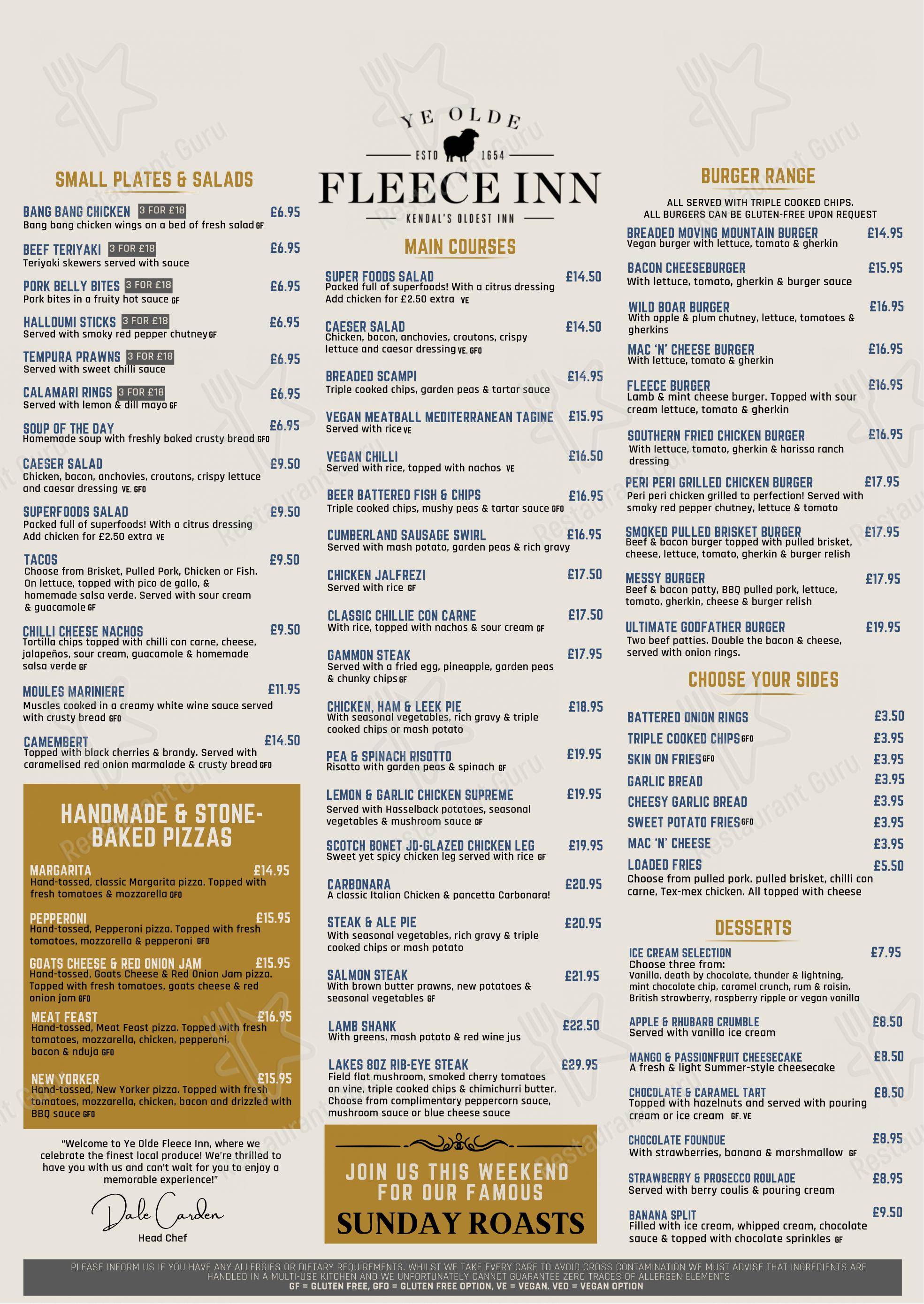 Menu at Ye Olde Fleece Inn pub & bar, Kendal