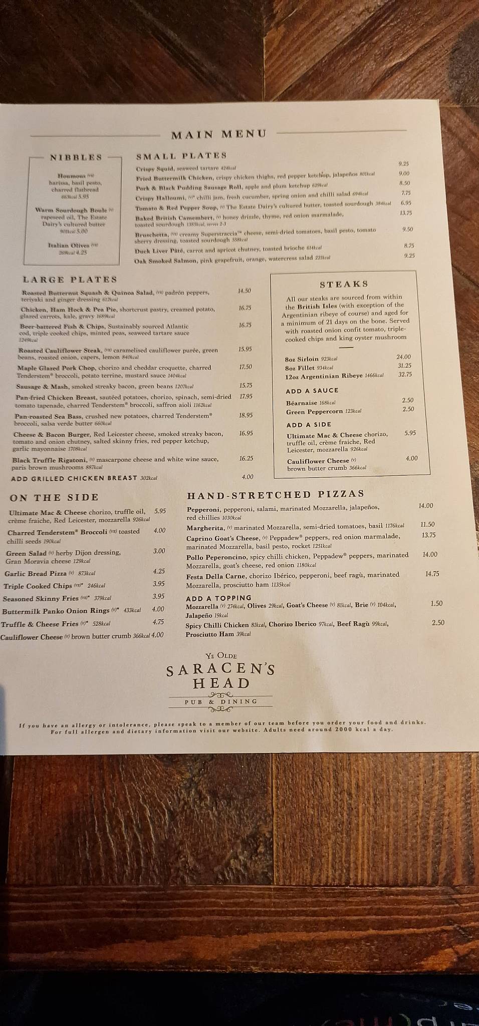 Menu at Ye Olde Saracen's Head pub & bar, Balsall Common