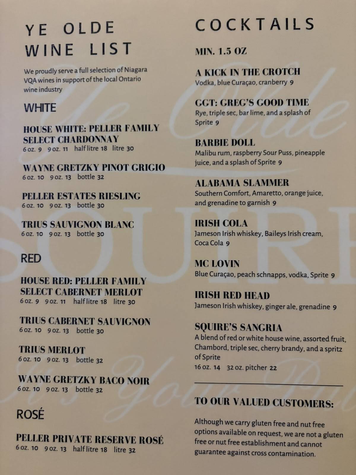 Menu at Ye Olde Squire Welland pub & bar, Welland, Seaway Mall