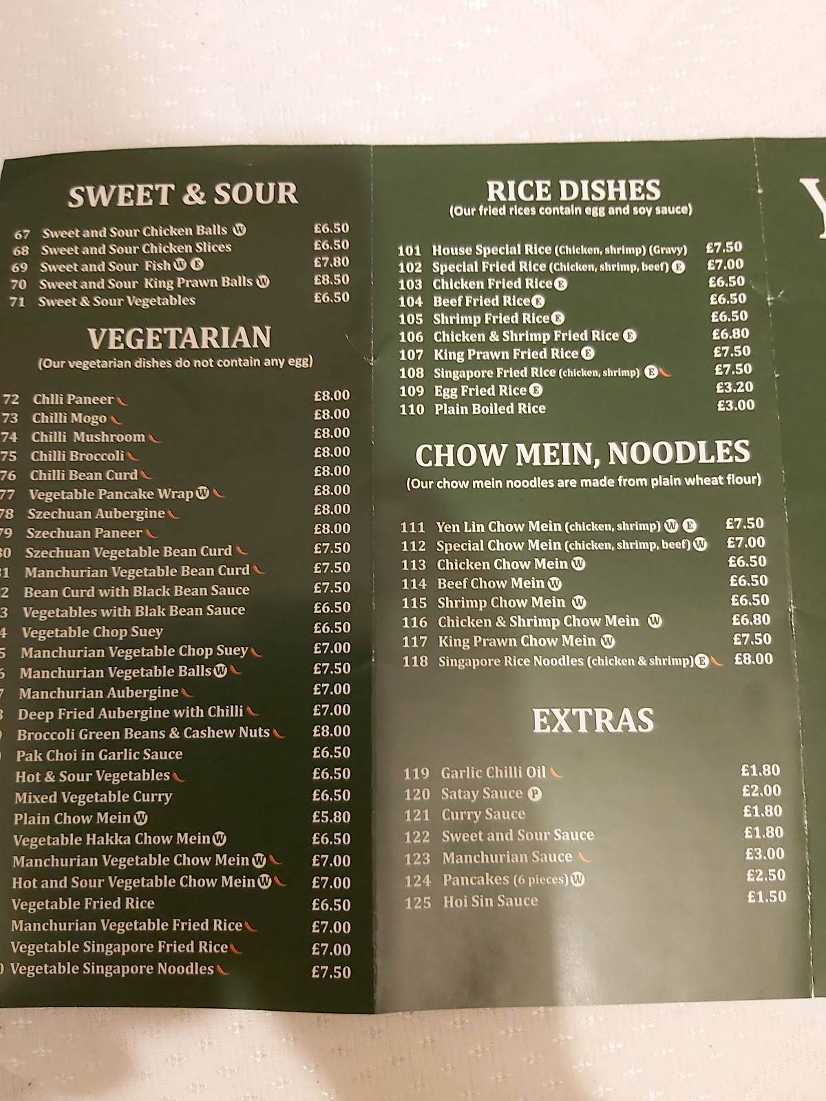 Menu at Yen Lin Ilford restaurant, Ilford