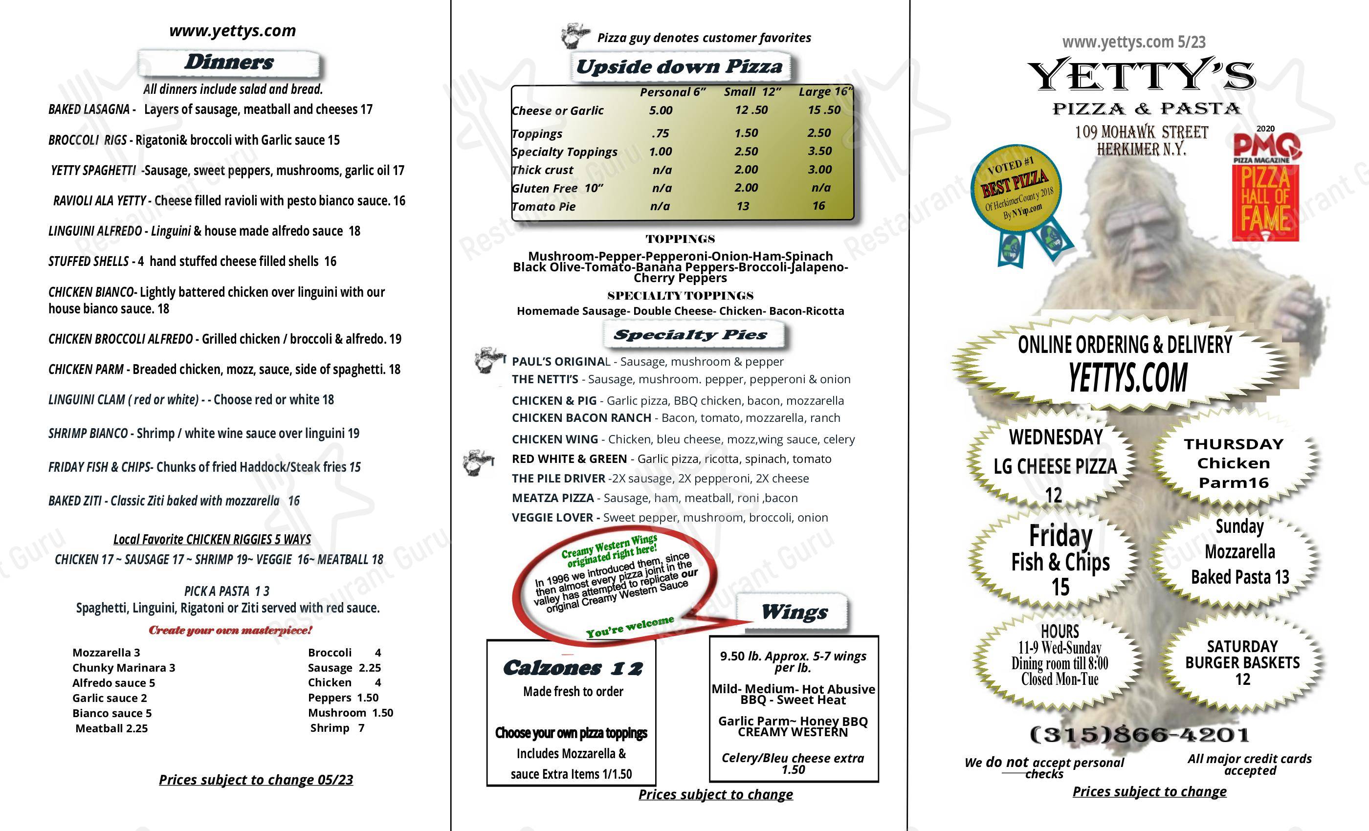 Menu at Yetty's Pizza pizzeria, Herkimer