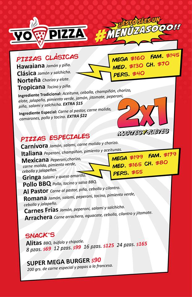 Menu at Yo Pizza restaurant, Tepic, Brazil esquina con