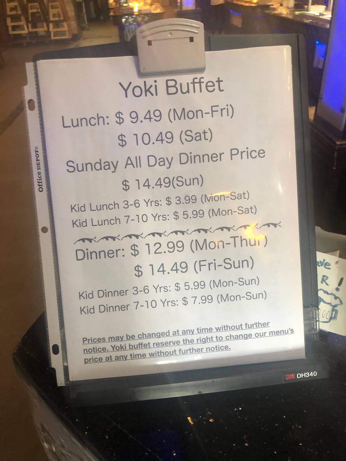 Menu at Yoki Buffet restaurant, Murfreesboro