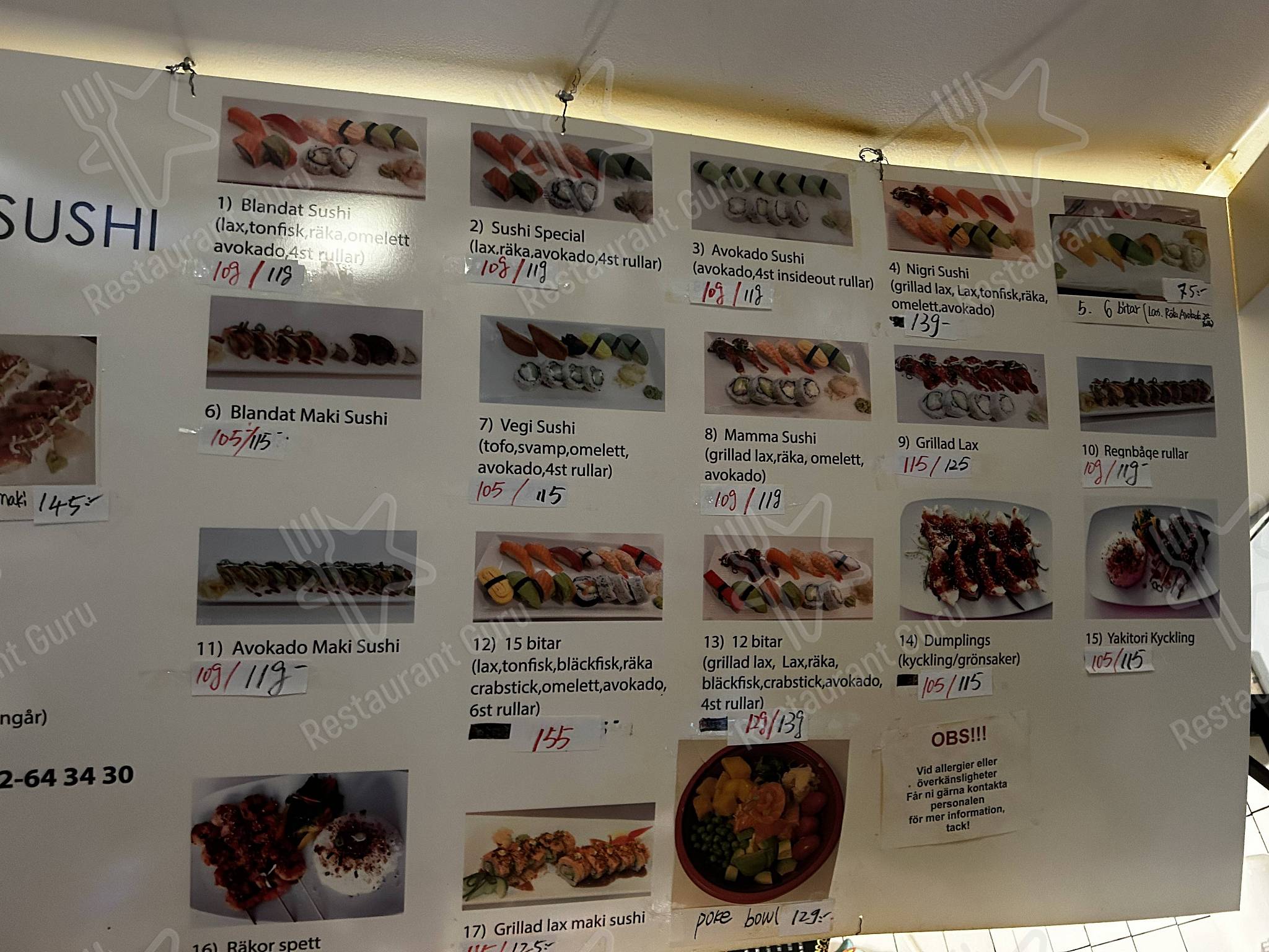 Menu at Yoki Sushi restaurant, Alingsås