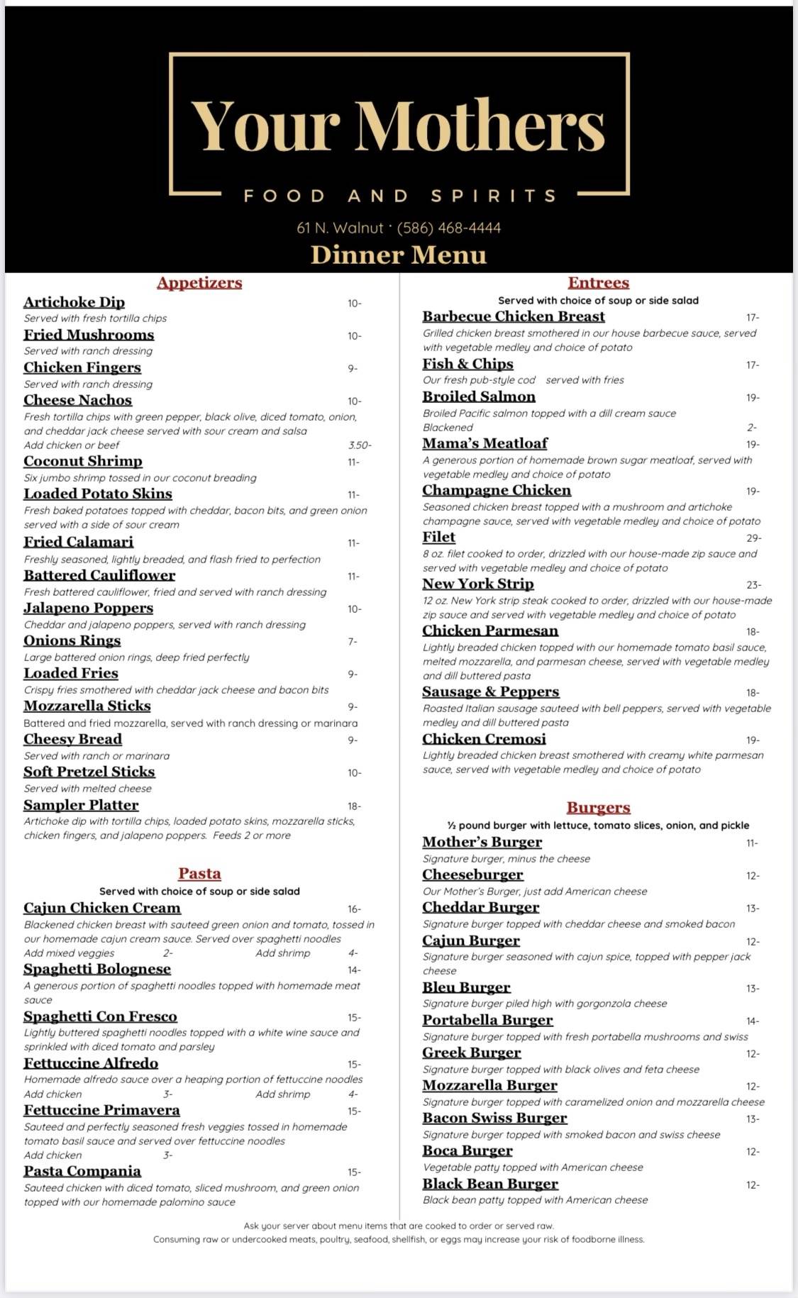 Menu at Your Mothers Food & Spirits pub & bar, Mount Clemens