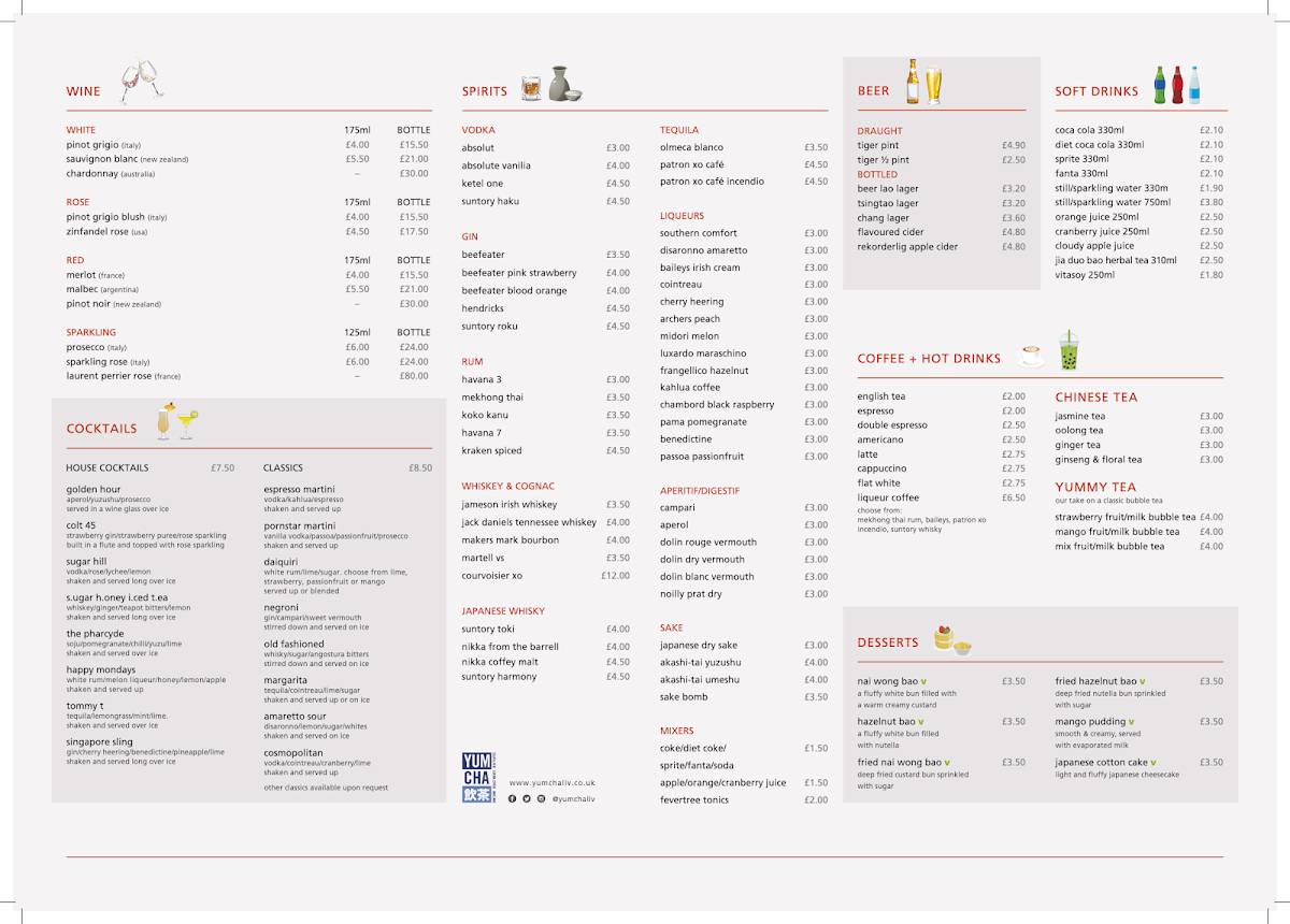 Menu at Yum Cha restaurant, Liverpool