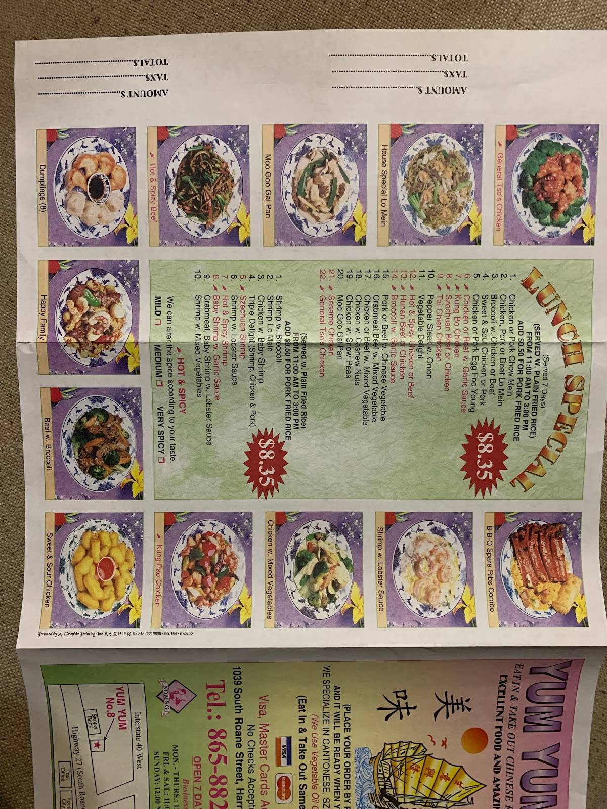 Menu at Yum Yum restaurant, Harriman