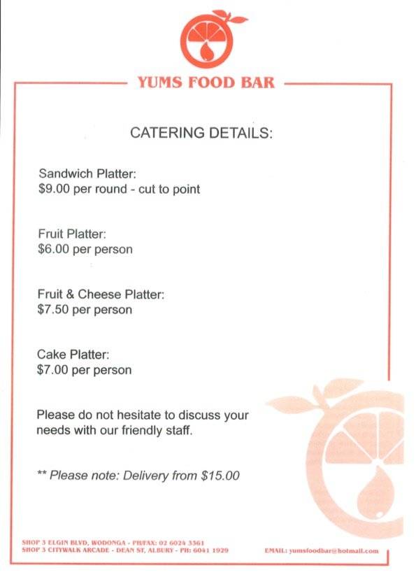 Menu at Yums Food Bar, Albury