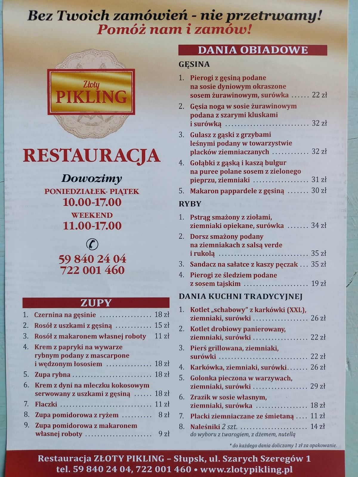 Menu at Złoty Pikling restaurant, Slupsk