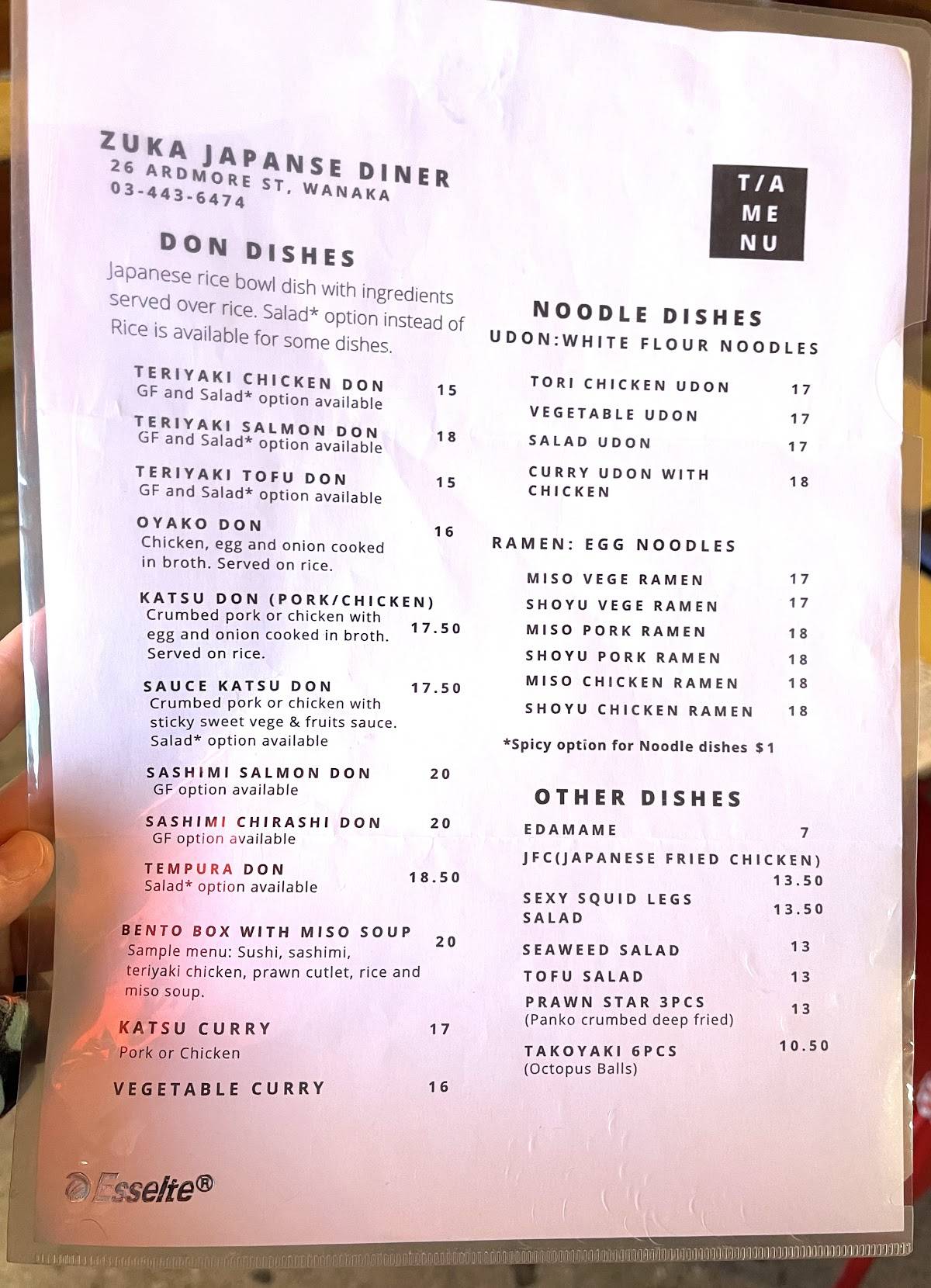 Menu at ZUKA Japanese Diner restaurant, Wanaka