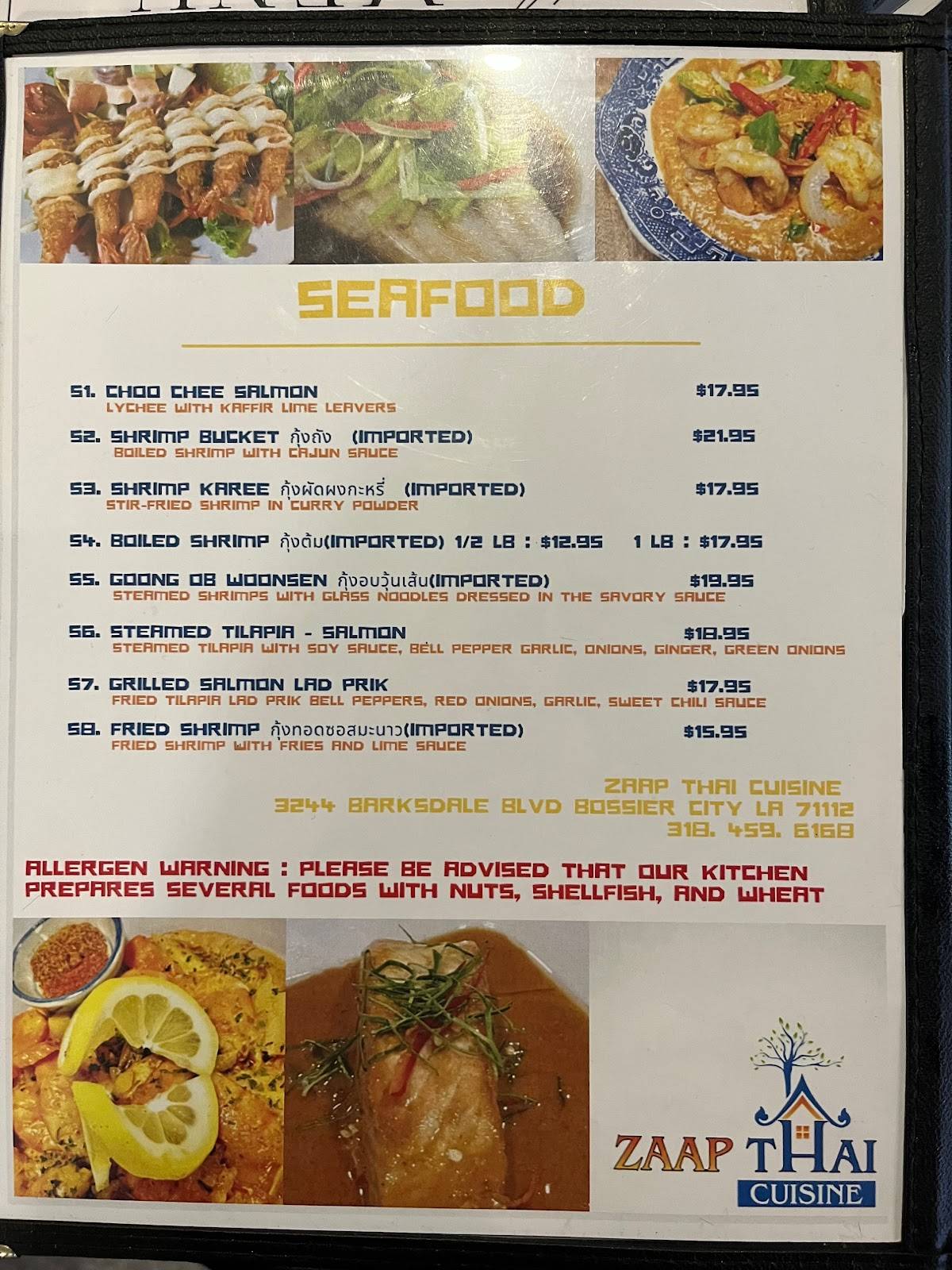 Menu at Zaap Thai Cuisine - Authentic Thai Food restaurant, Bossier City