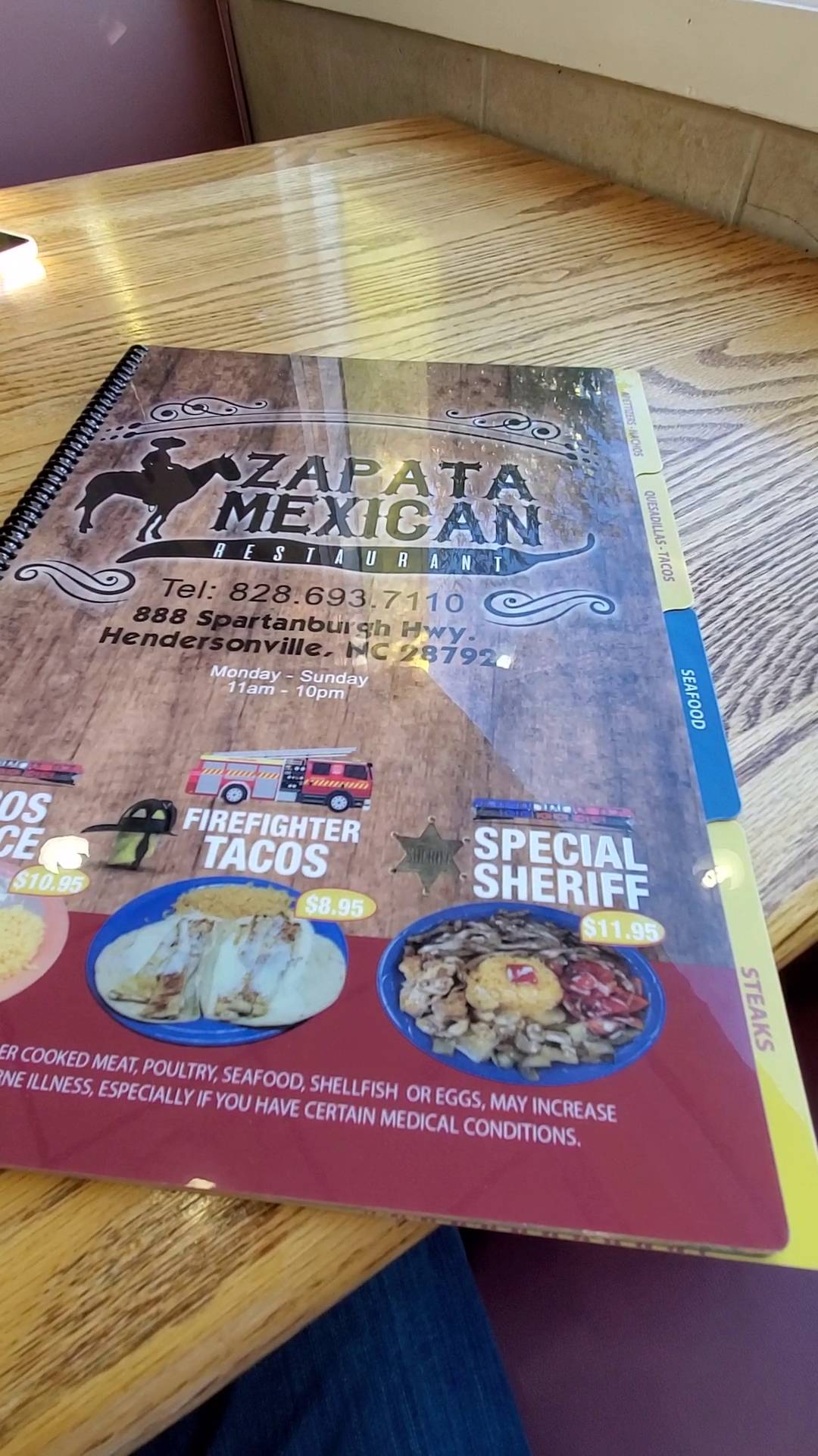 Menu at Zapata Mexican Restaurant, Hendersonville
